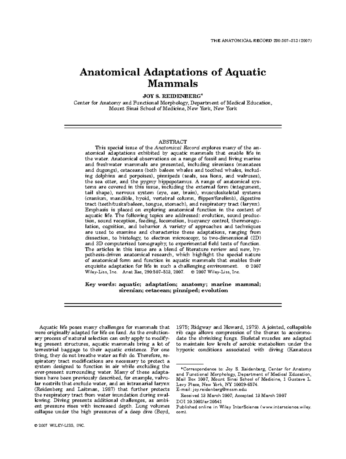The Anatomical Record 2007 Reidenberg Anatomical adaptations of aquatic ...
