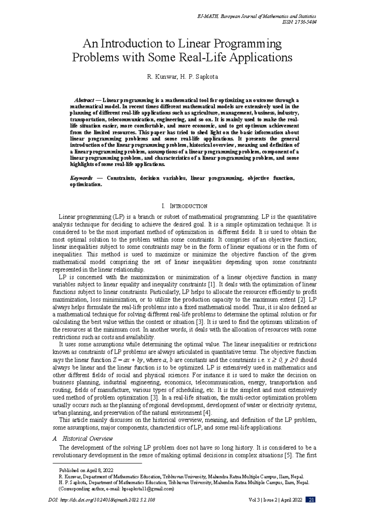 An Introduction to Linear Programming Problems with Some Real-Life Applications - ISSN: 2736 ...