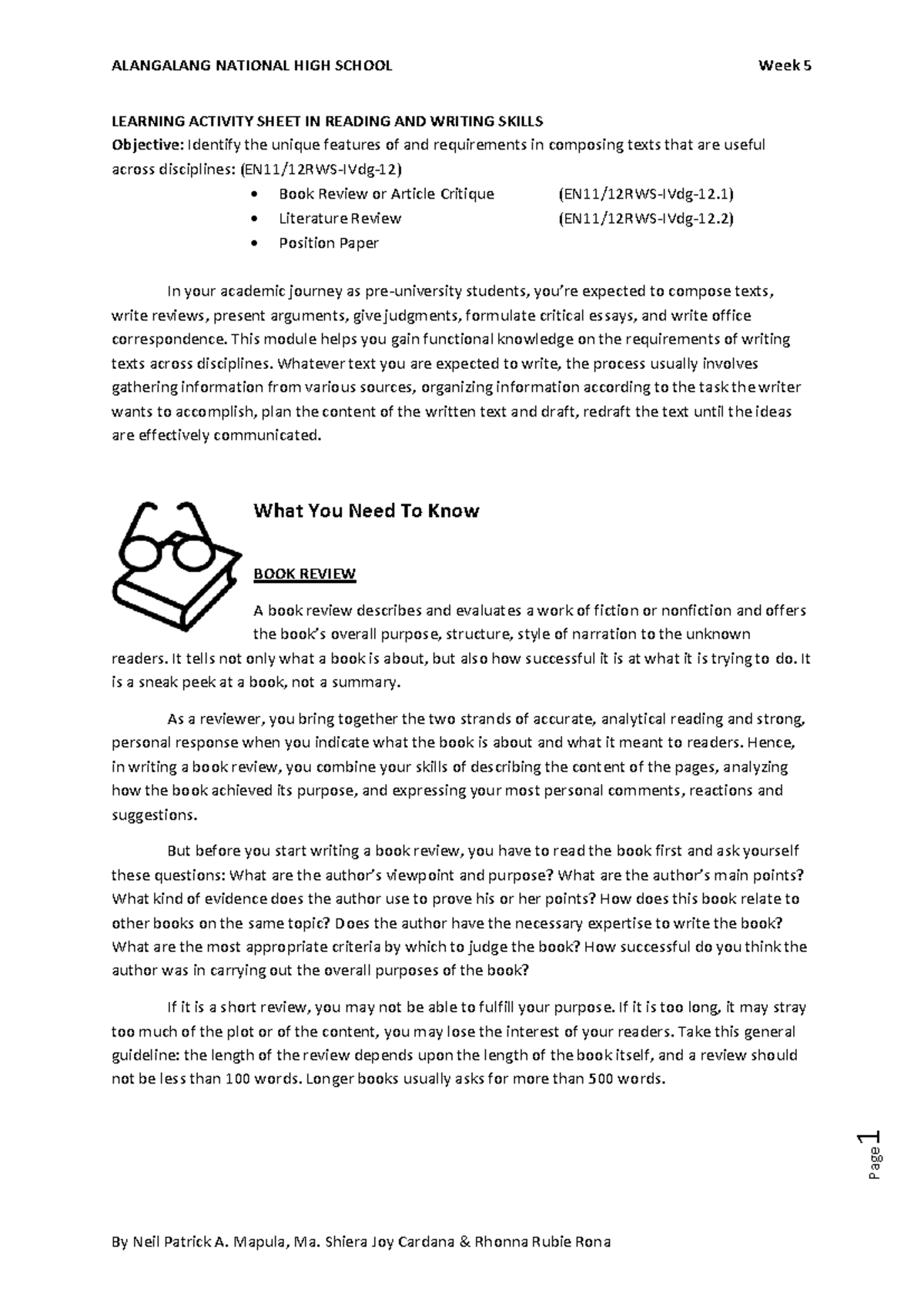 Learning Activity Sheet 5 - Page 1 LEARNING ACTIVITY SHEET IN READING ...