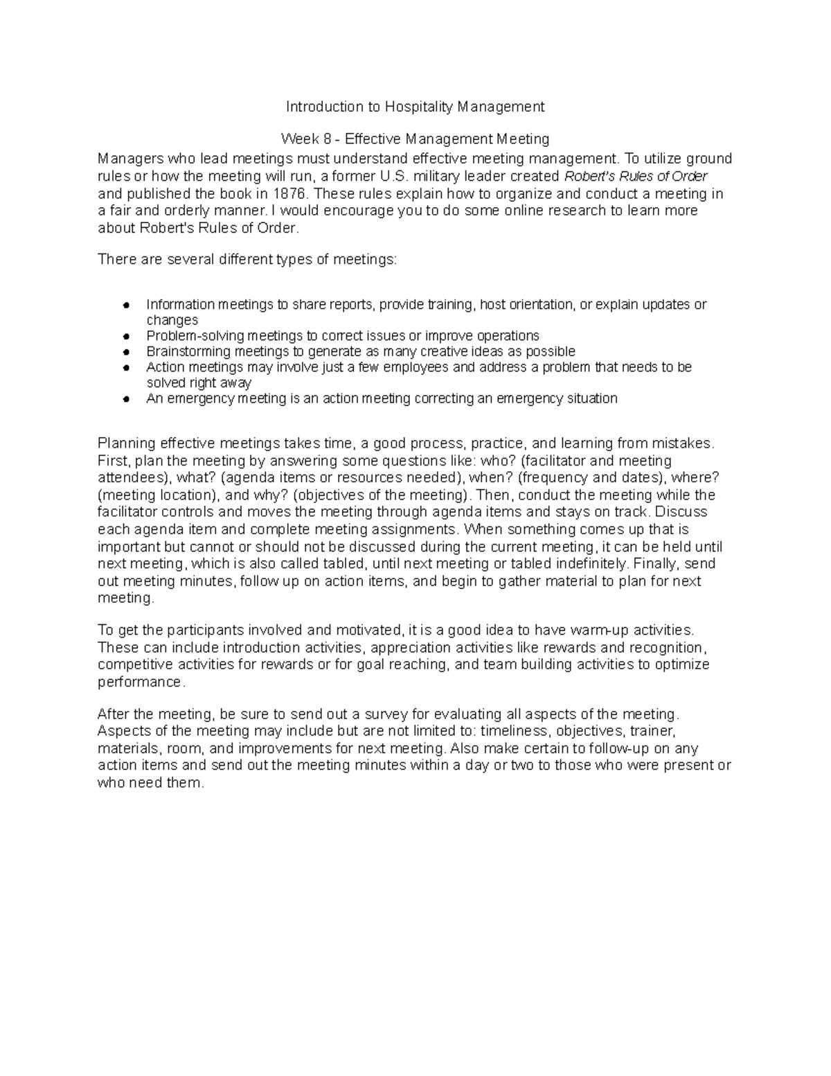 Introduction of Hospitality Management. Week 8 (Notes) Effective ...