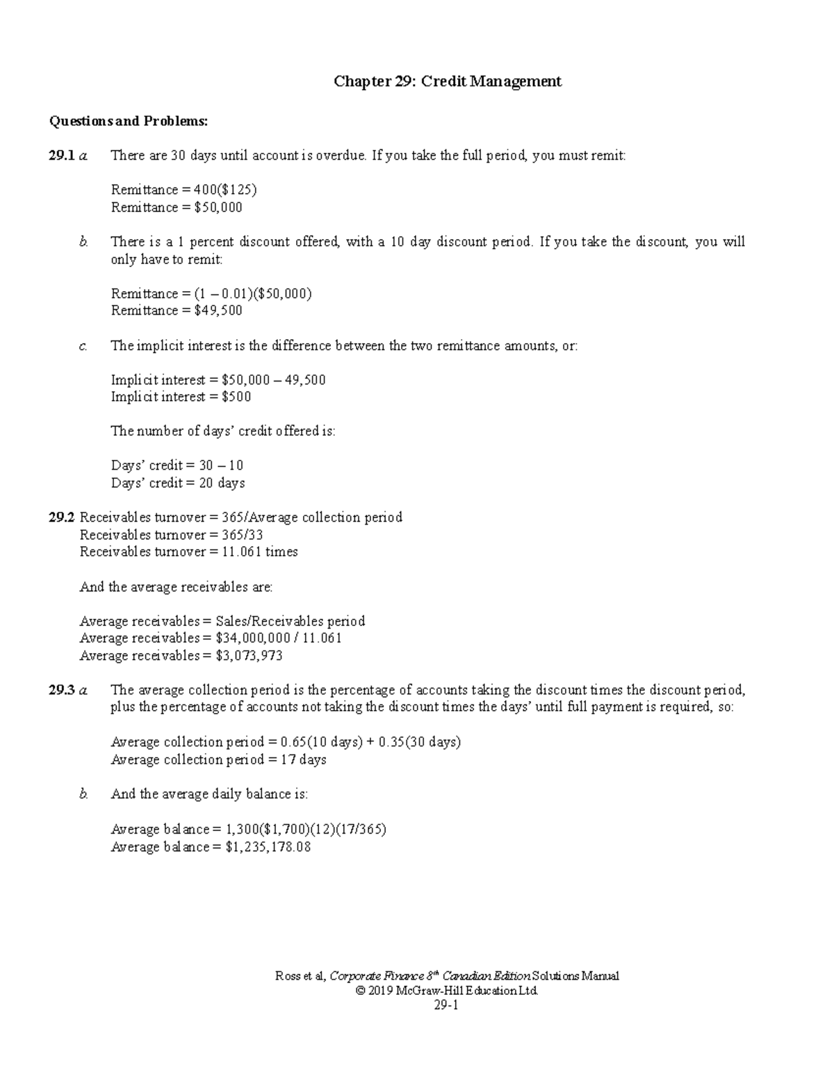 Ross CF 8ce SM Ch29 - Solution manual - Chapter 29: Credit Management Questions and Problems: 29 ...