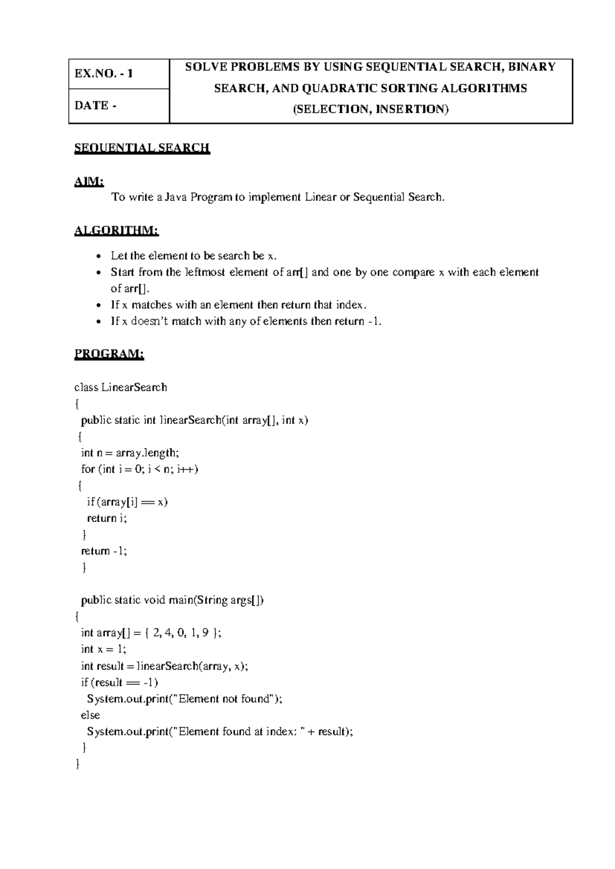 OOPS LAB - PROGRAM FOR LAB - EX. - 1 SOLVE PROBLEMS BY USING SEQUENTIAL SEARCH, BINARY SEARCH ...