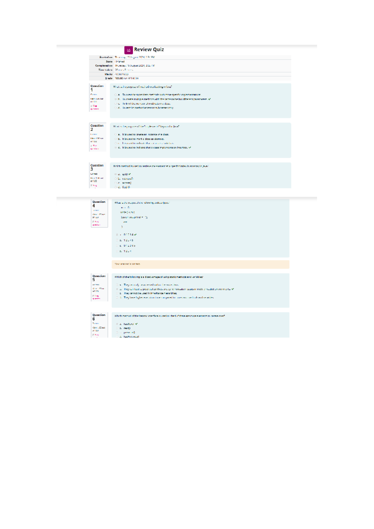 cs1102 programming 1 Self quiz unit 8 - Review Quiz Started on Thursday, 15 August 2024, 1:34 PM ...