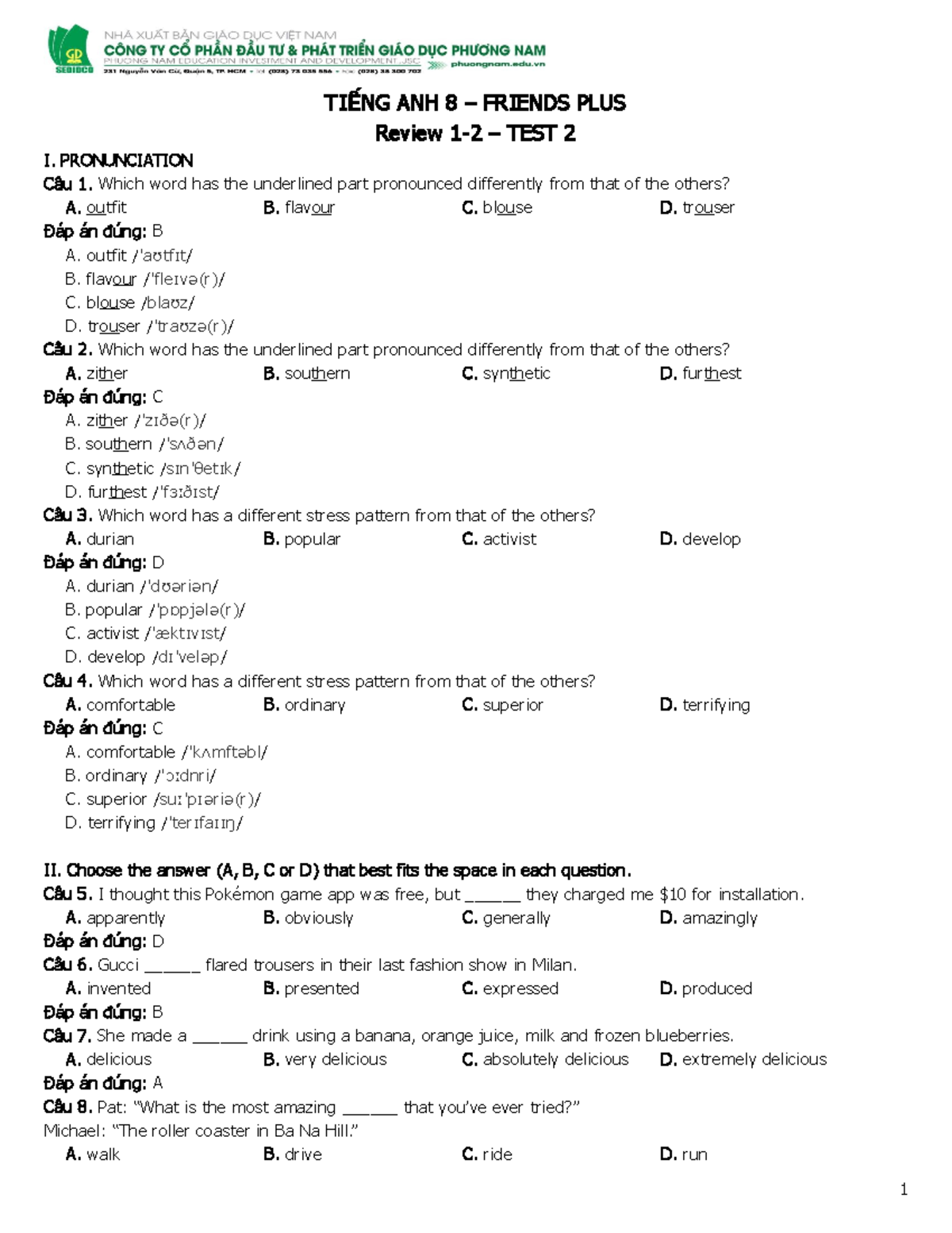 Tieng Anh 8 Friends Plus - Review 1&2 - Test 2 (key) - TI ẾNG ANH 8 ...