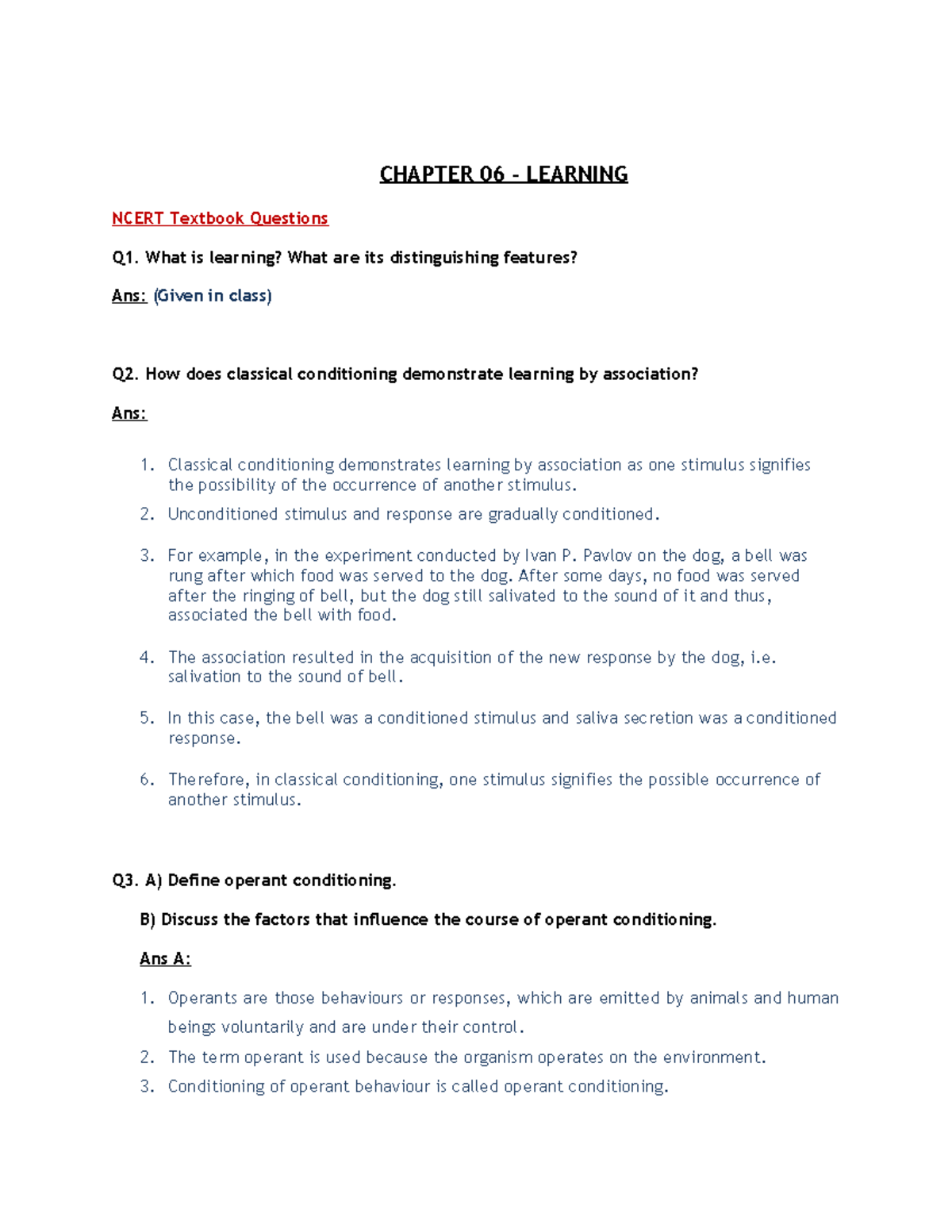 Psychology XI Chapter 06 - Learning Qn A - CHAPTER 06 - LEARNING NCERT ...