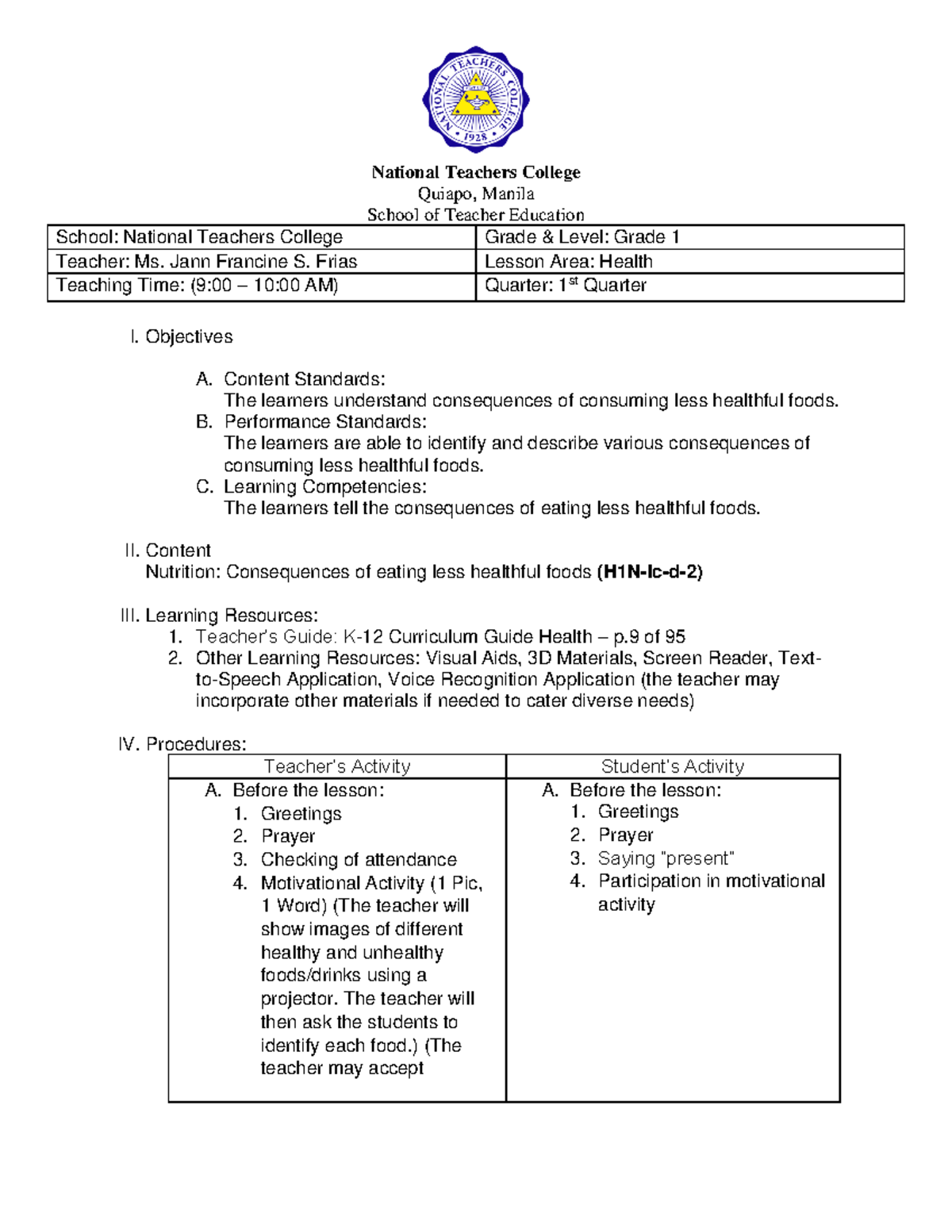 Grade 1 - Health - Quiapo, Manila School of Teacher Education School ...