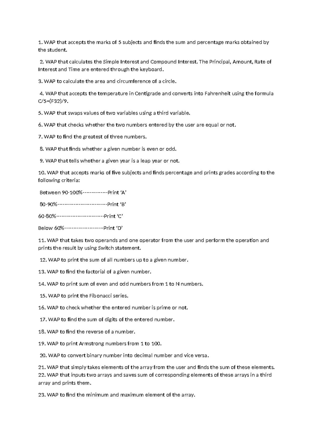 PSA Questions - WAP that accepts the marks of 5 subjects and finds the ...