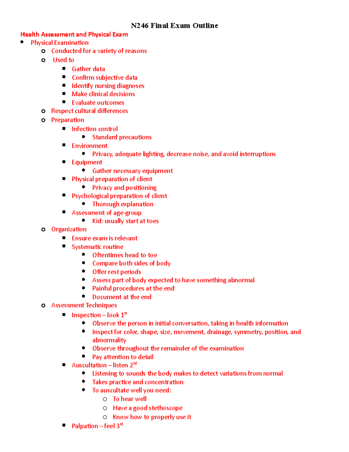 N246 Final Exam Outline - N246 Final Exam Outline Health Assessment and ...
