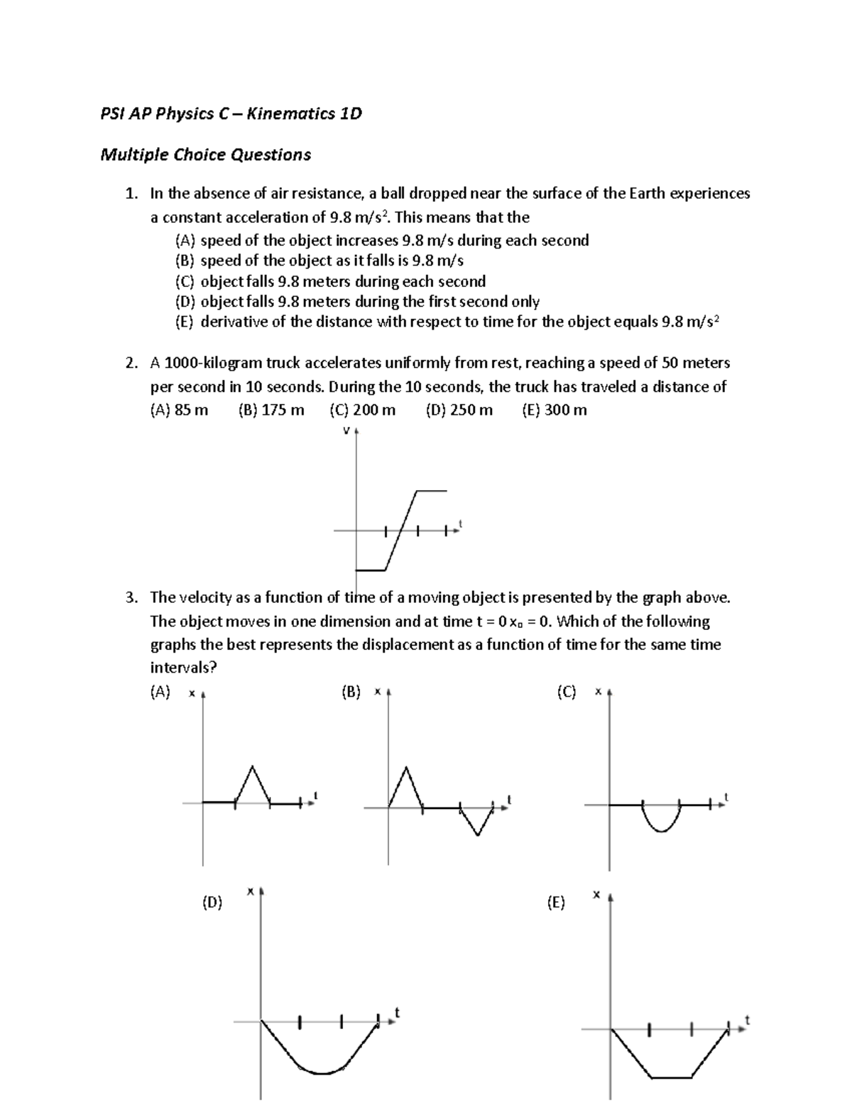 MC 1 - Physics MC questions - PSI AP Physics C – Kinematics 1D Multiple ...