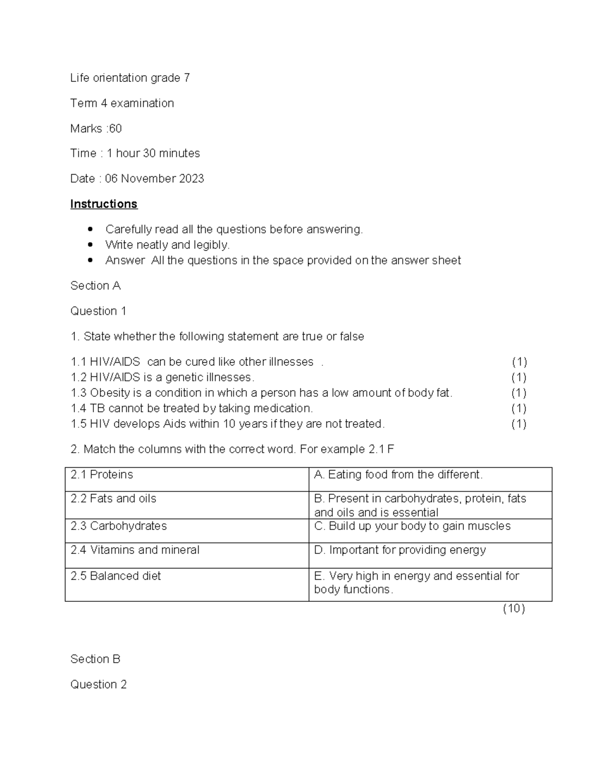 Life orientation grade 7 - Write neatly and legibly. Answer All the questions in the space - Studocu