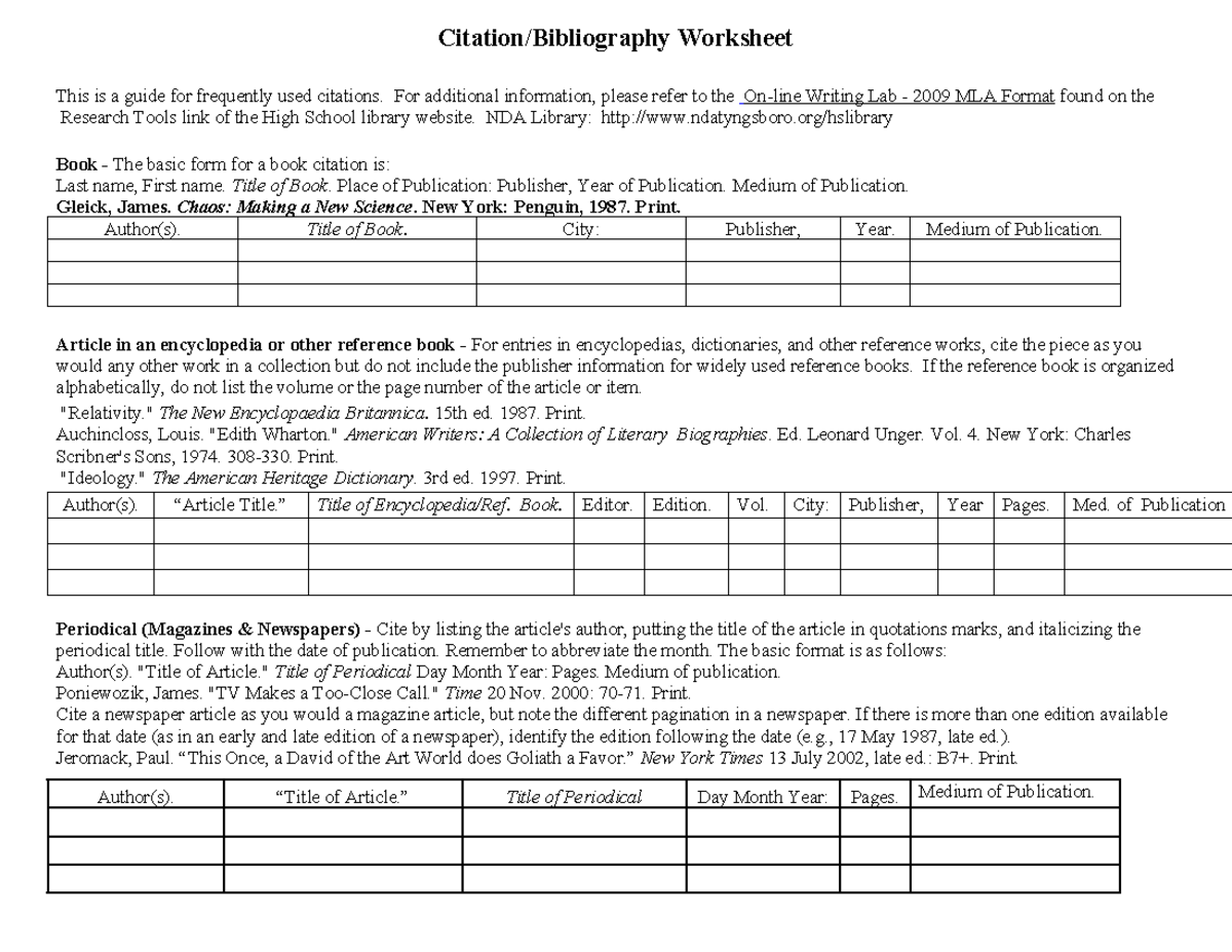 Citation Worksheet - for research - Citation/Bibliography Worksheet ...