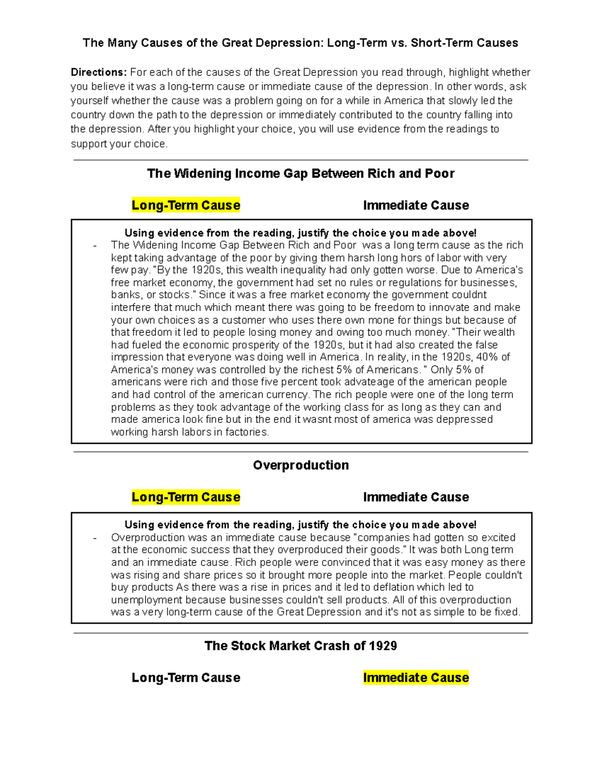 The Many Causes of the Great Depression Graphic Organizer - The Many ...