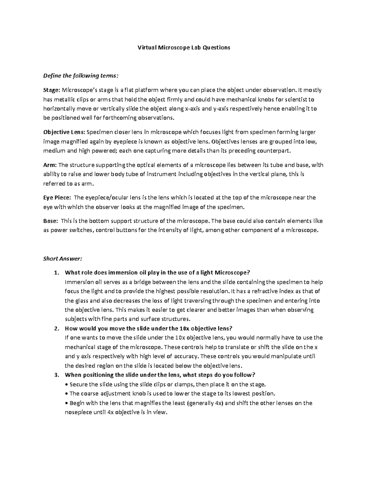 Microscopy (part 1) Virtual Lab Questions - Virtual Microscope Lab ...