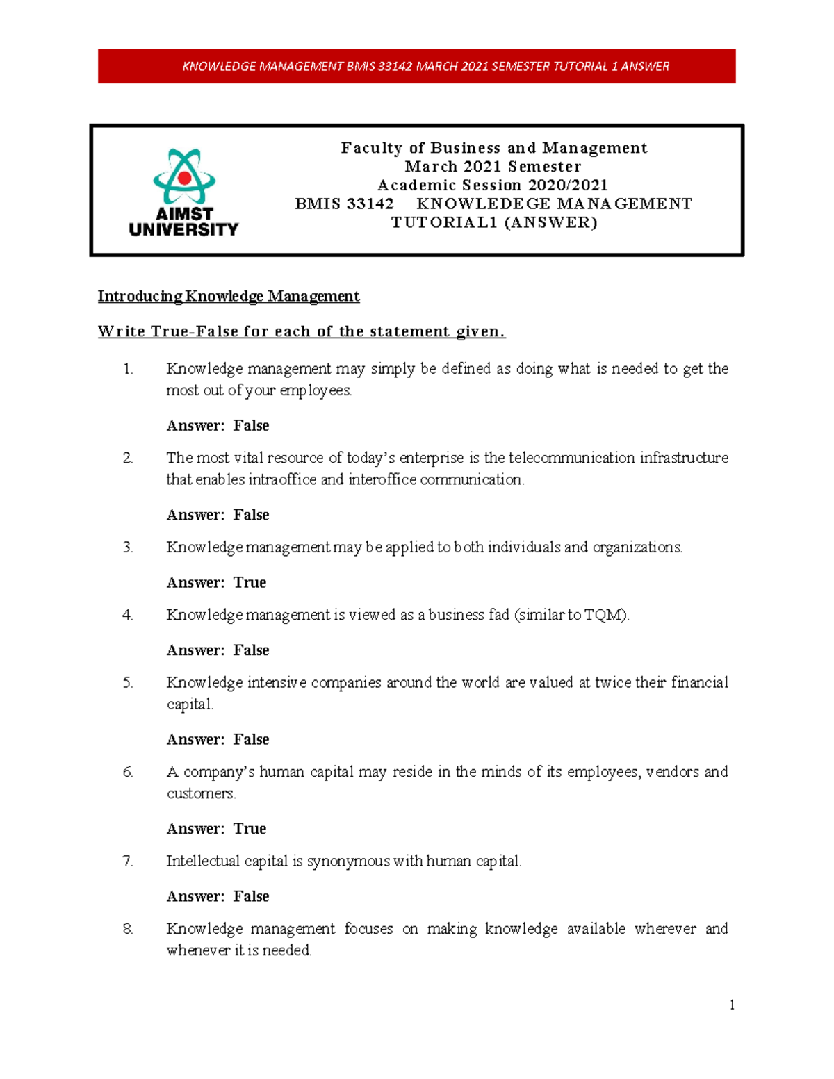 Knowledge Management Tutorial 1 March 2021 - KNOWLEDGE MANAGEMENT BMIS ...