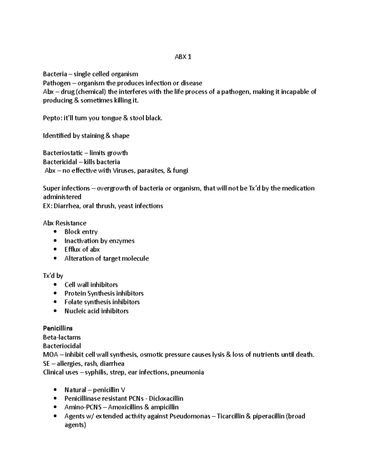 ABX 1 - Abx notes - ABX 1 Bacteria – single celled organism Pathogen ...