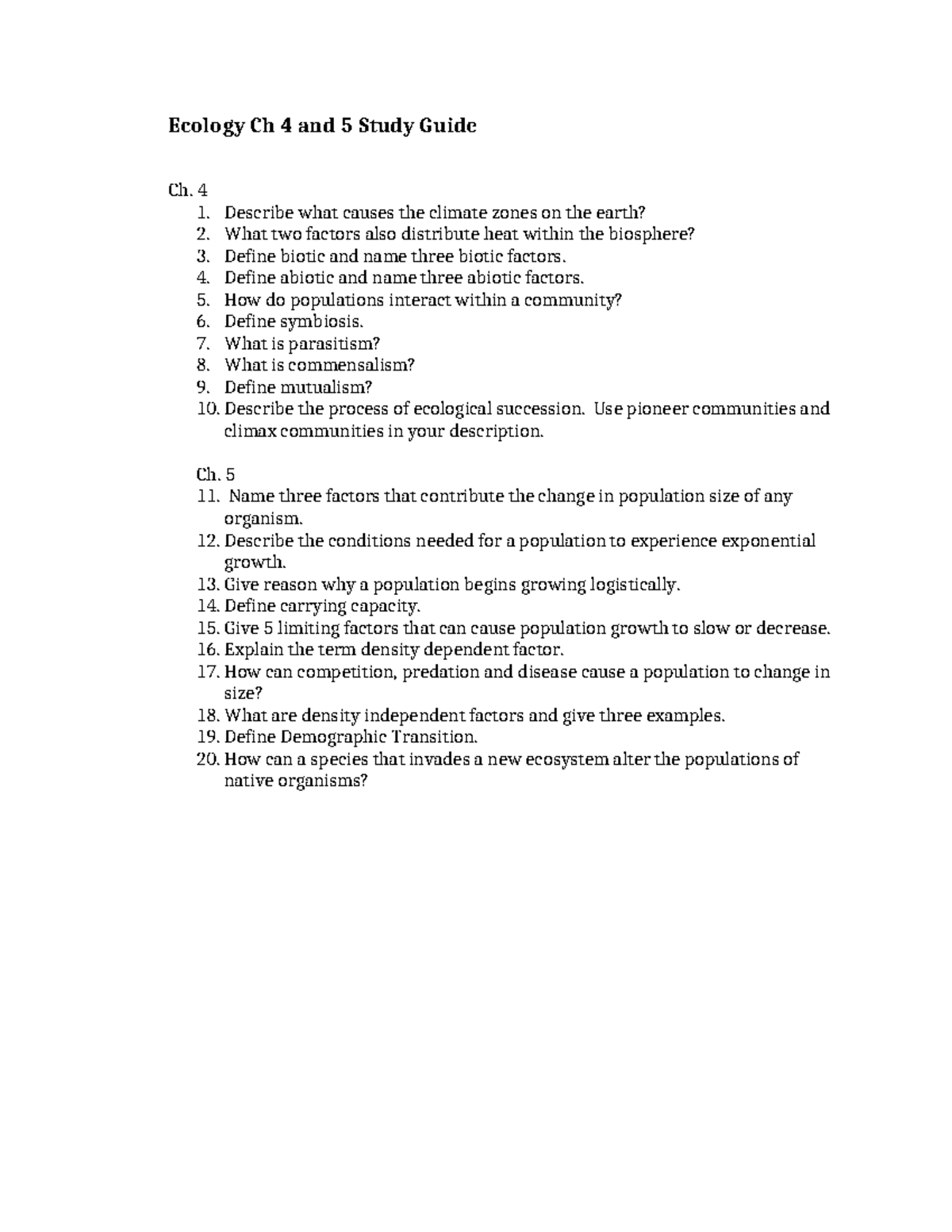 Ecology Ch 4 and 5 Study Guide 2023 - Ecology Ch 4 and 5 Study Guide Ch ...