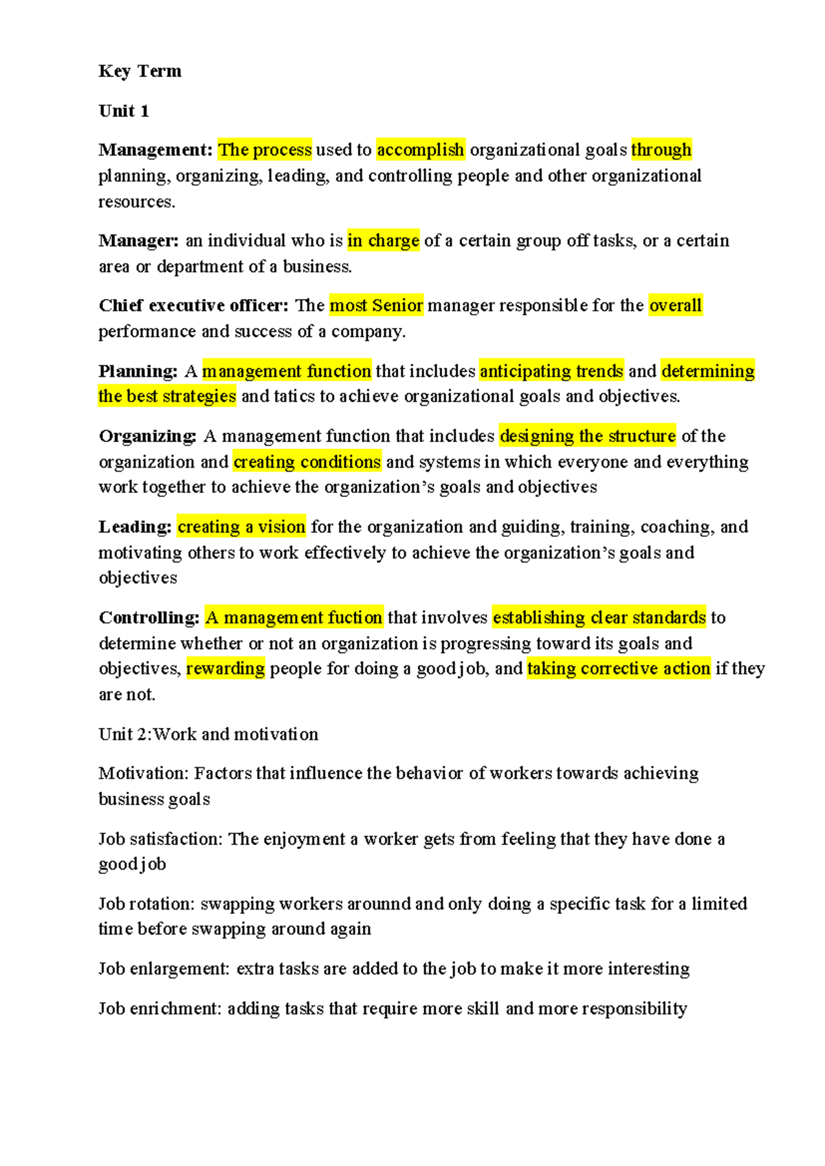 Key Term - key terms esp 1111 - Key Term Unit 1 Management: The process ...