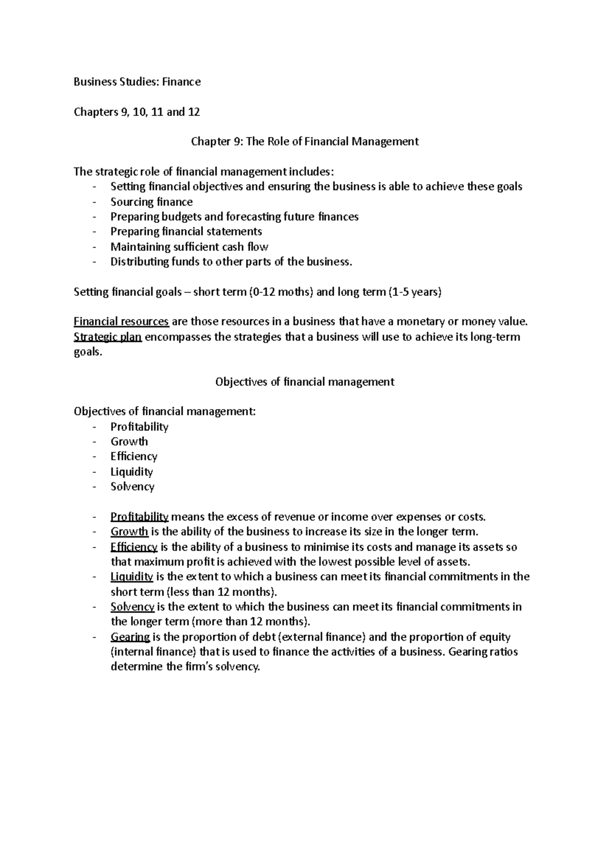 Finance - Business Studies: Finance Chapters 9, 10, 11 and 12 Chapter 9 ...