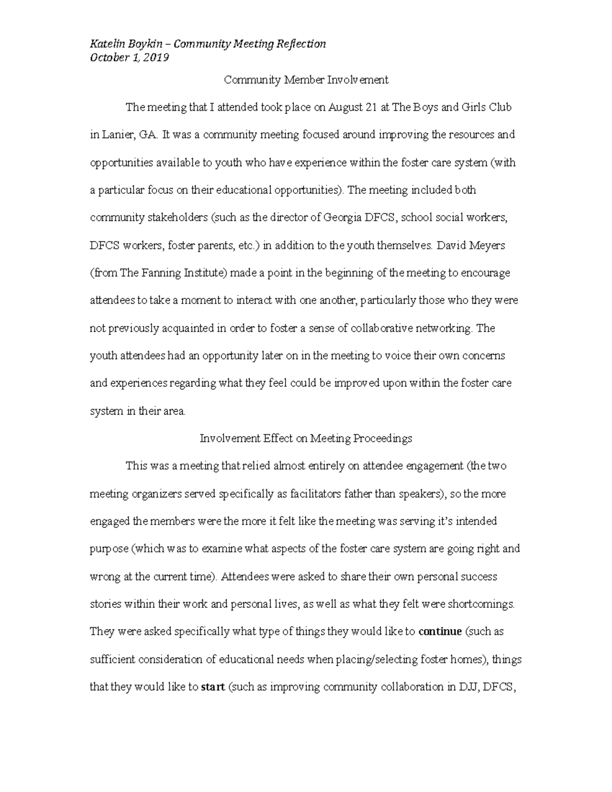 Community Meeting Reflection Paper - Katelin Boykin – Community Meeting ...