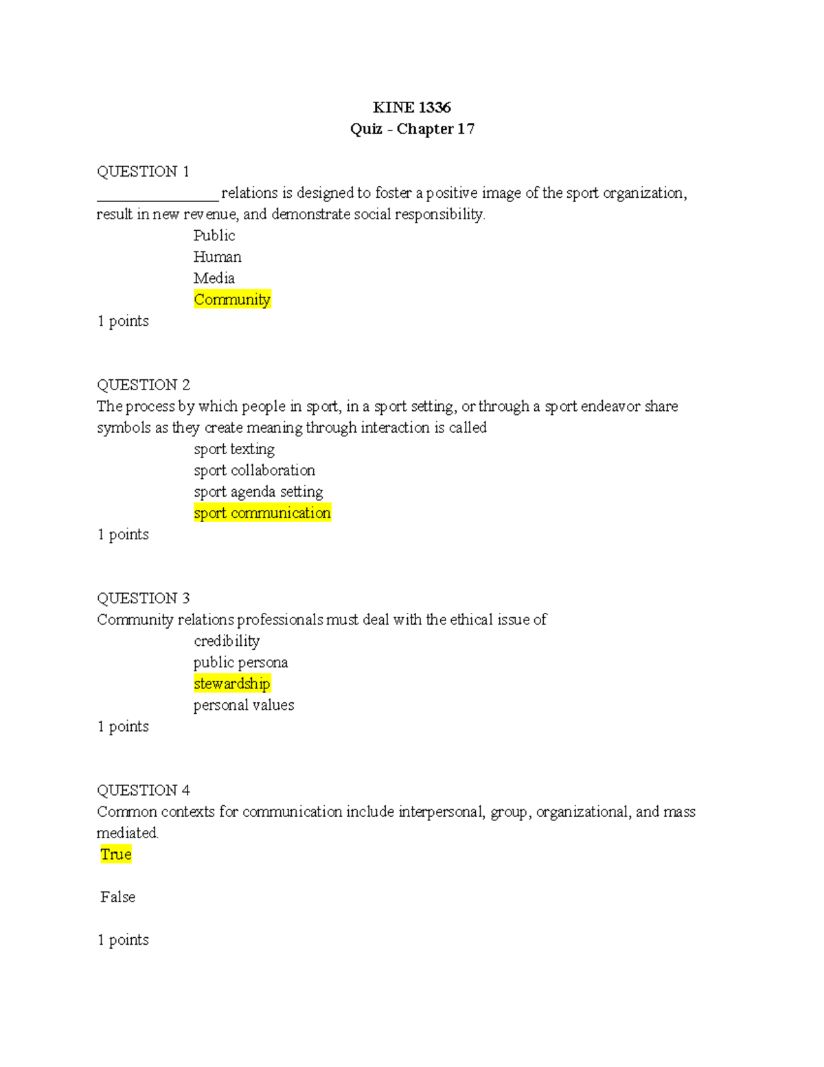 Quiz - Chapter 17 - KINE 1336 Quiz - Chapter 17 QUESTION 1 ...