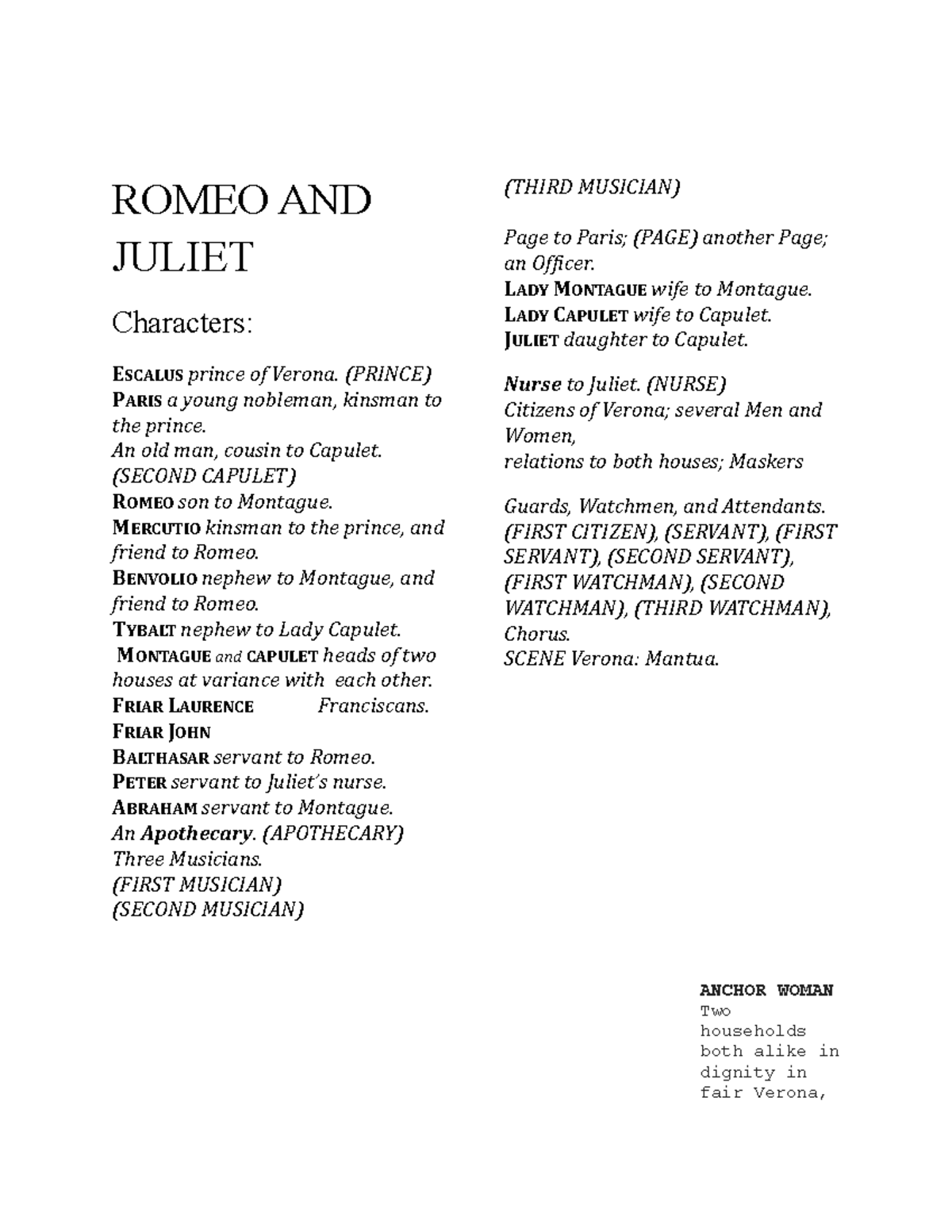 Romeo-AND- Juliet docs - ROMEO AND JULIET Characters: ESCALUS prince of ...
