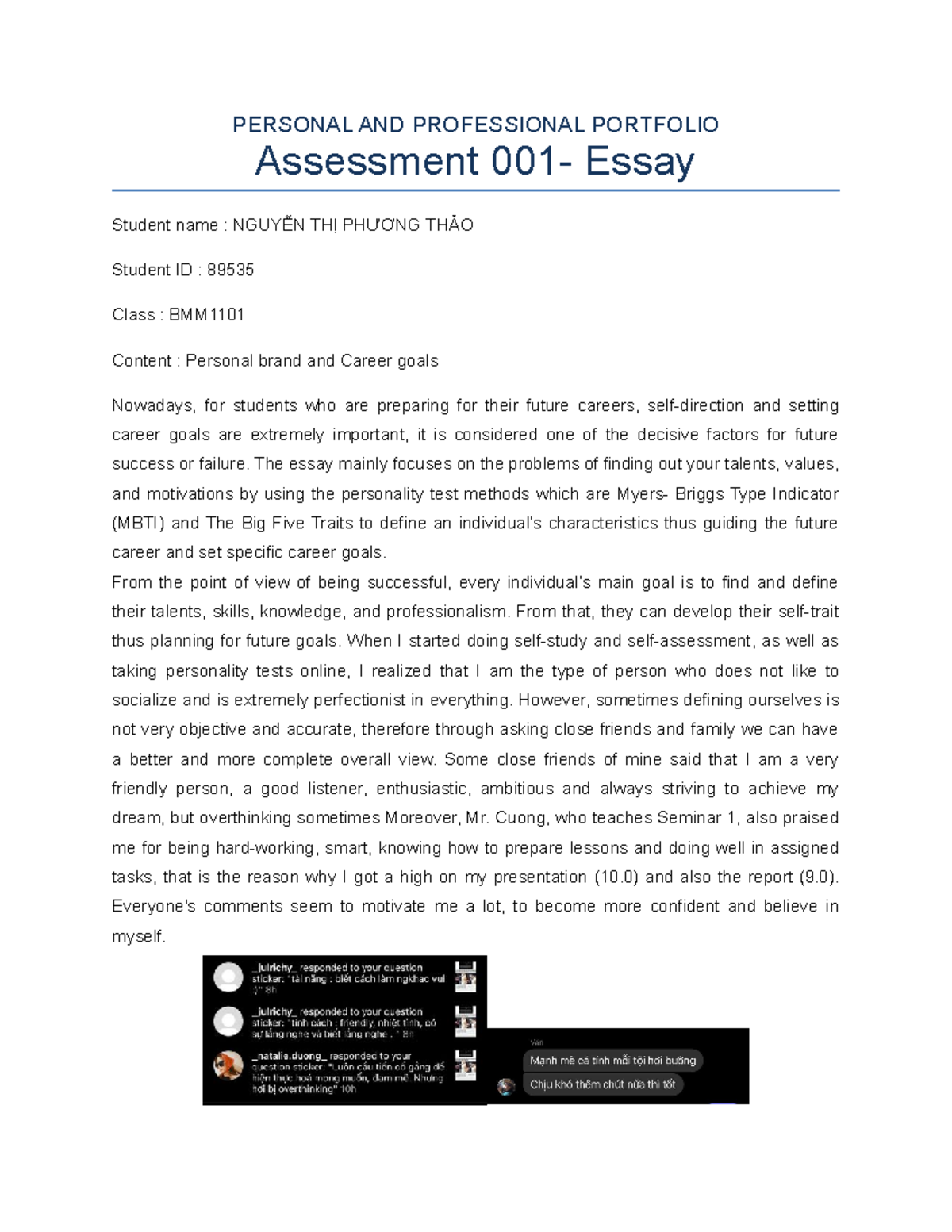 Assessment 001- Essay - môn Giới thiệu bản thân - PERSONAL AND ...