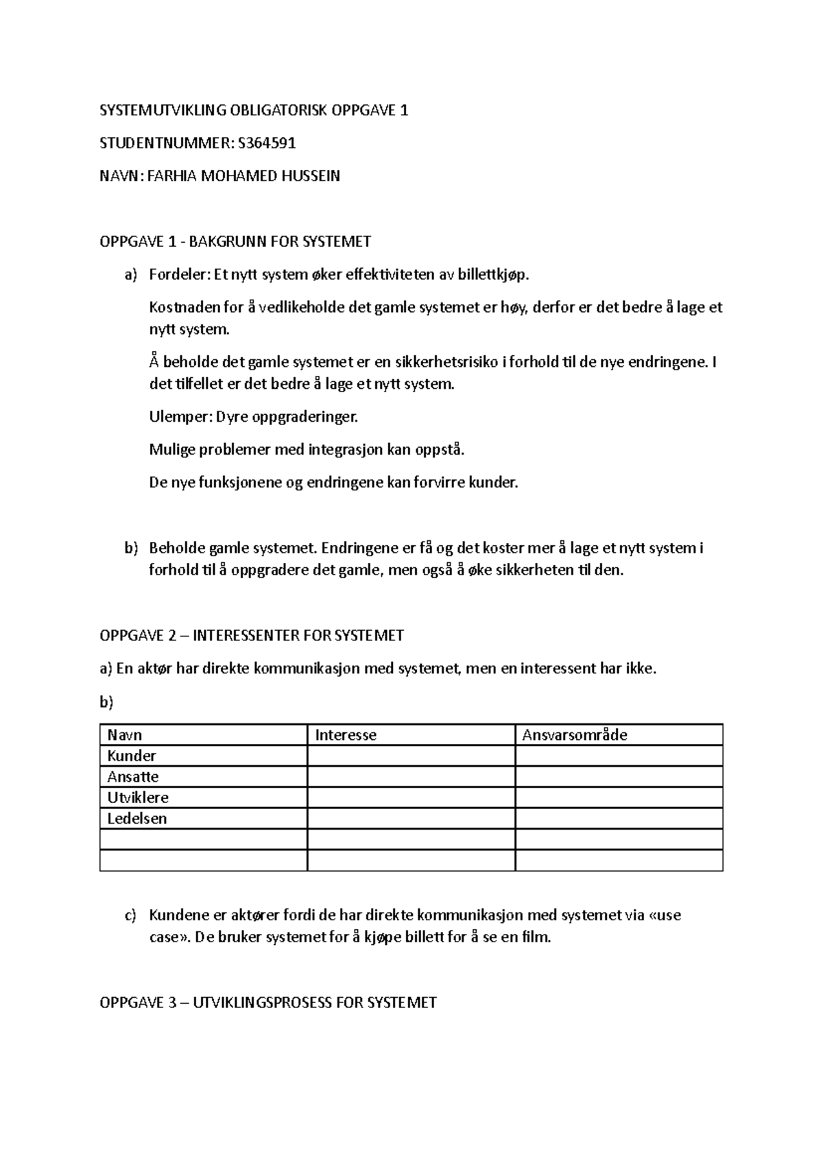 Systemutvikling Obligatorisk Oppgave 1 - SYSTEMUTVIKLING OBLIGATORISK OPPGAVE 1 STUDENTNUMMER: S ...