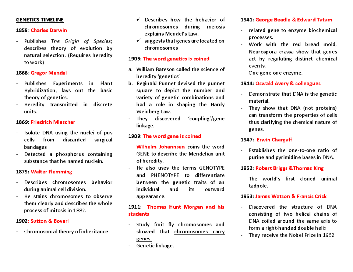 BIO511 Genetic Timeline - Describes how the behavior of chromosomes ...