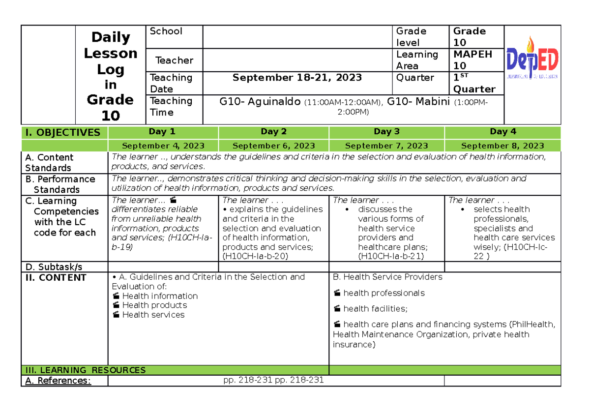 Daily Lesson Log Q1 Health 10 reliable health information - Daily ...