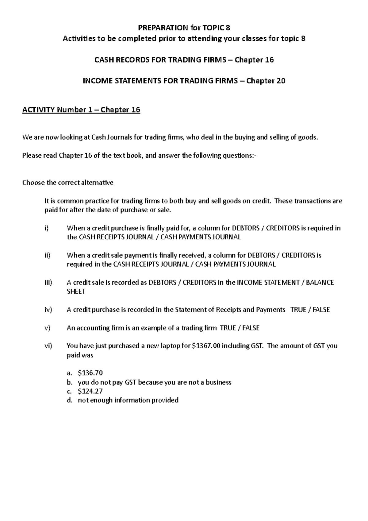 Topic 8 - Activities to do Before class - PREPARATION for TOPIC 8 ...