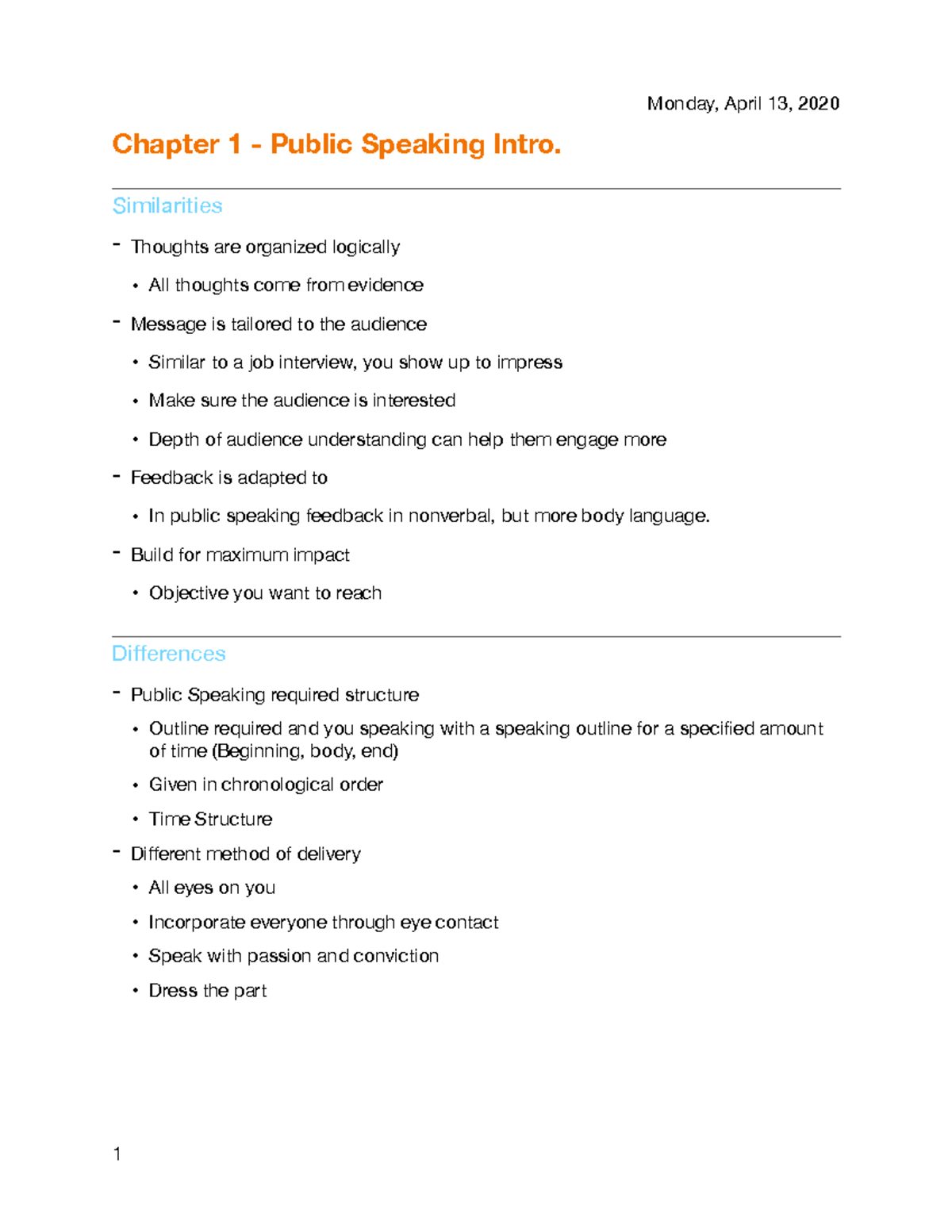 Chapter 1 - Public speaking intro - Monday, April 13, 2020 Chapter 1 ...