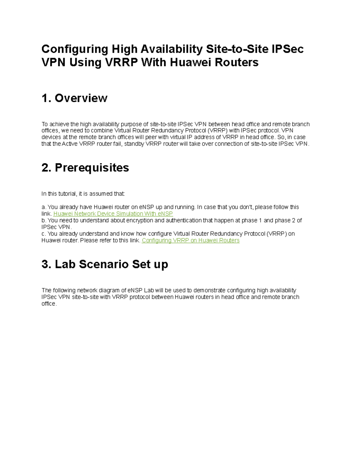 Configuring High Availability Site-to-Site IPSec VPN Using VRRP With Huawei Routers - Overview ...