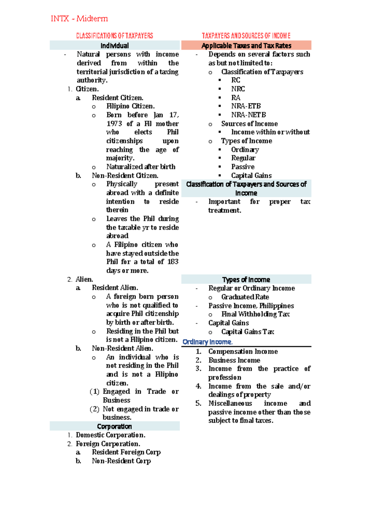 INTX - Midterm - INCOME TAXATION - INTX - Midterm Classifications of ...