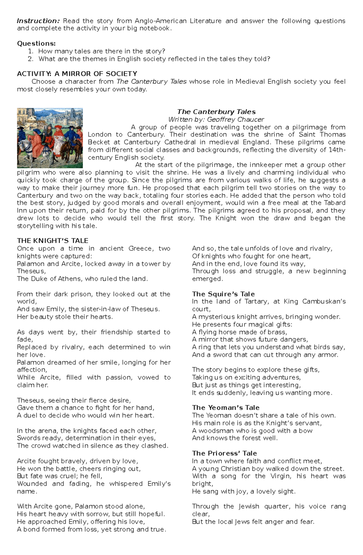 The canterbury tales - GEOFFREY CHAUCER - Instruction: Read the story ...