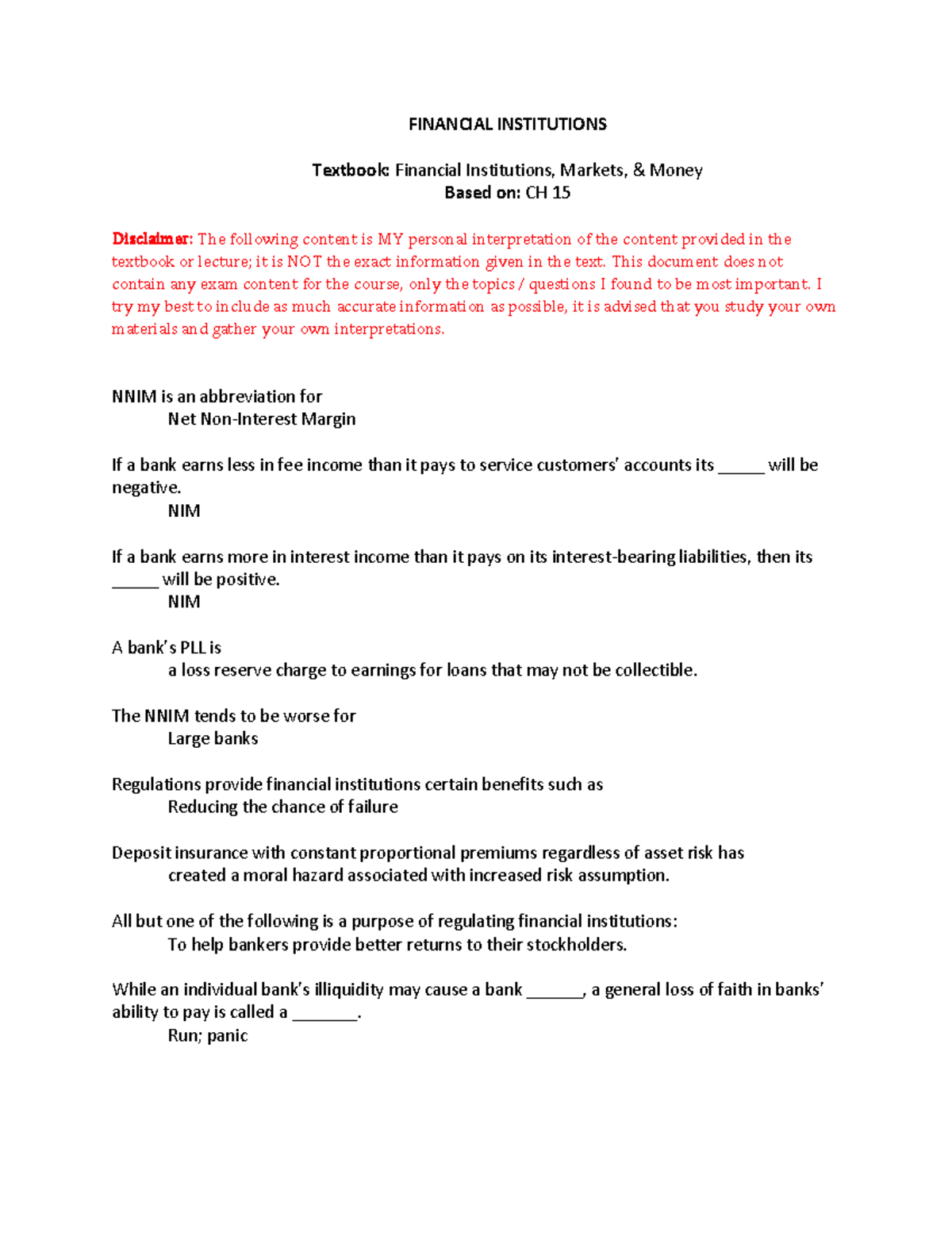Financial Institutions - Questions - Chapter 15 - FINANCIAL ...