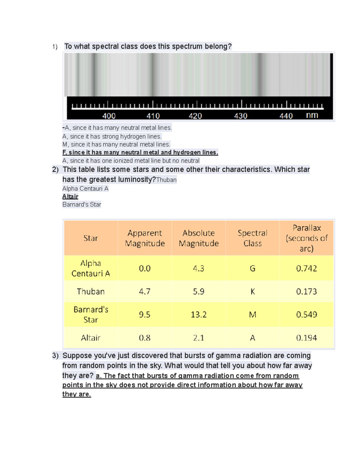 Astro Exam 2 - 1) To what spectral class does this spectrum belong? - A ...