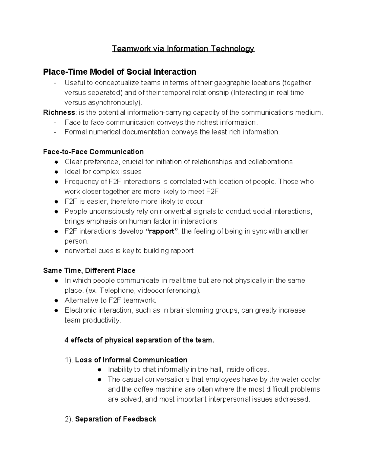 Chapter 13 Notes - Teamwork via Information Technology Place-Time Model ...