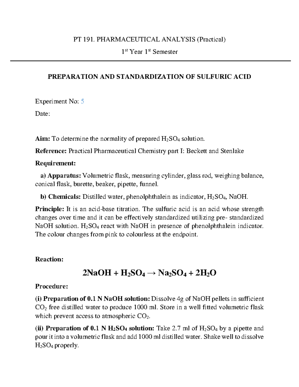 Standardization of H2SO4 - PT 191. PHARMACEUTICAL ANALYSIS (Practical ...