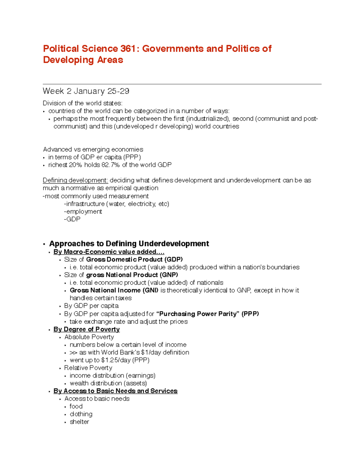 Week 2-4 Notes - Political Science 361: Governments and Politics of ...