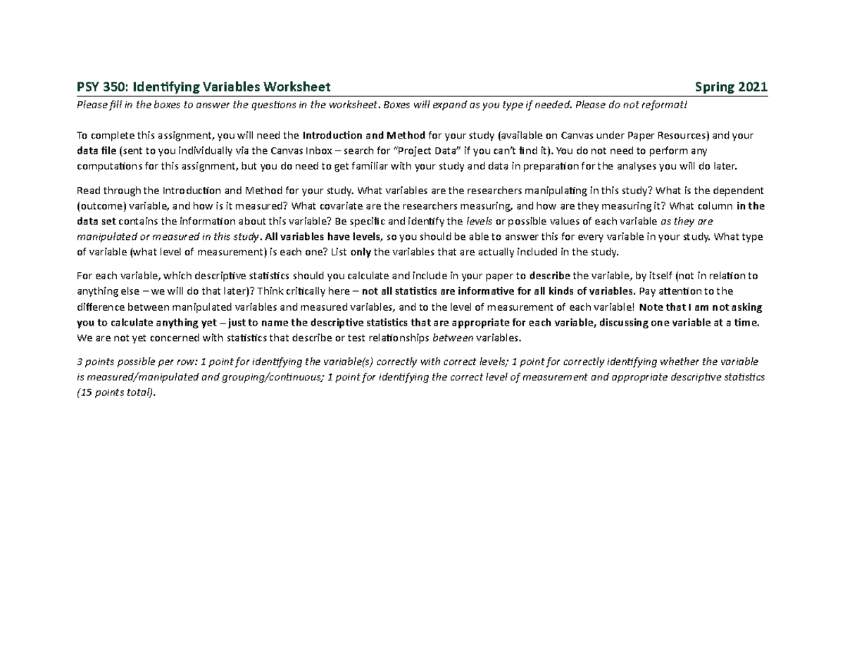 Identifying Variables Worksheet - Boxes will expand as you type if ...
