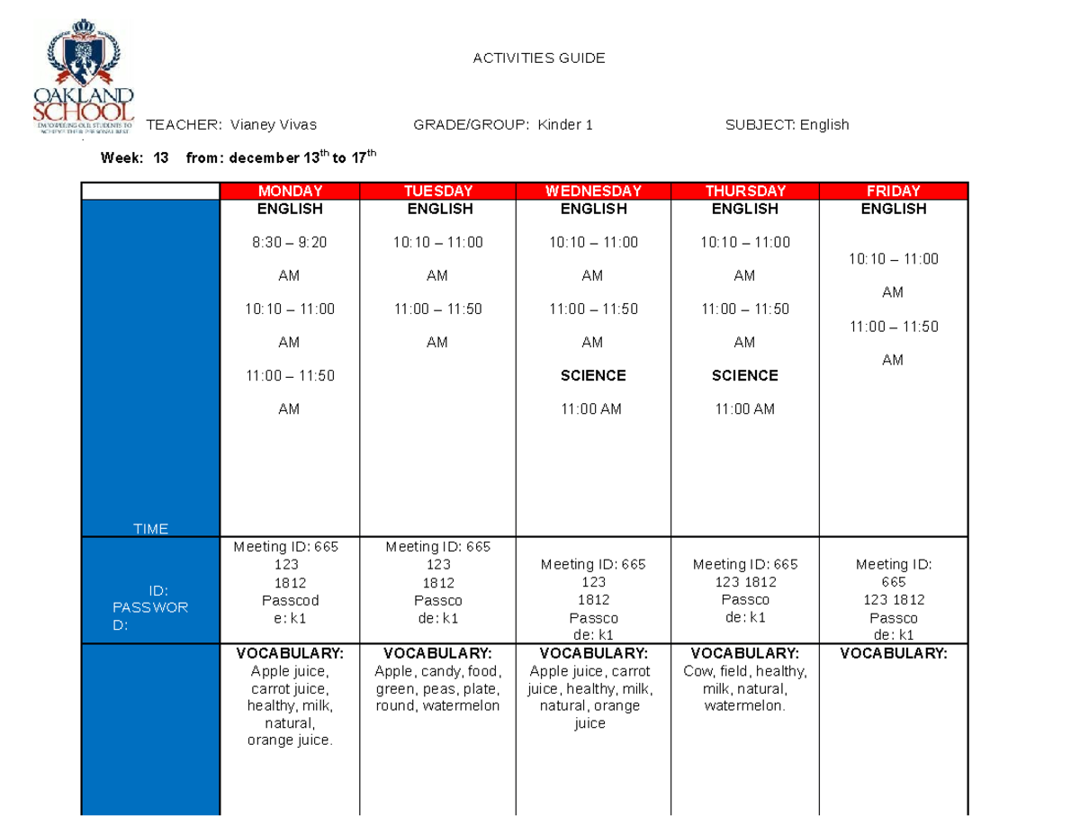 Lesson PLAN Format K1 WEEK 13 - ACTIVITIES GUIDE TEACHER: Vianey Vivas ...