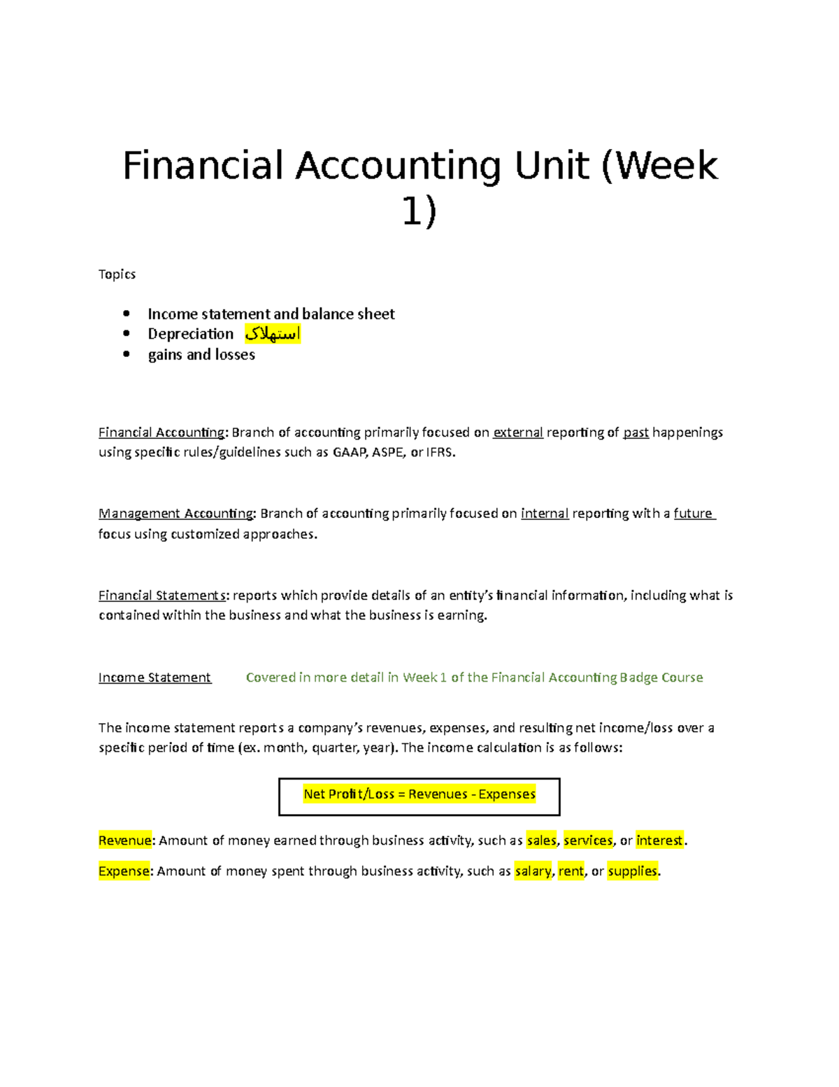 Week 1 accounting notes - Financial Accounting Unit (Week 1) Topics ...