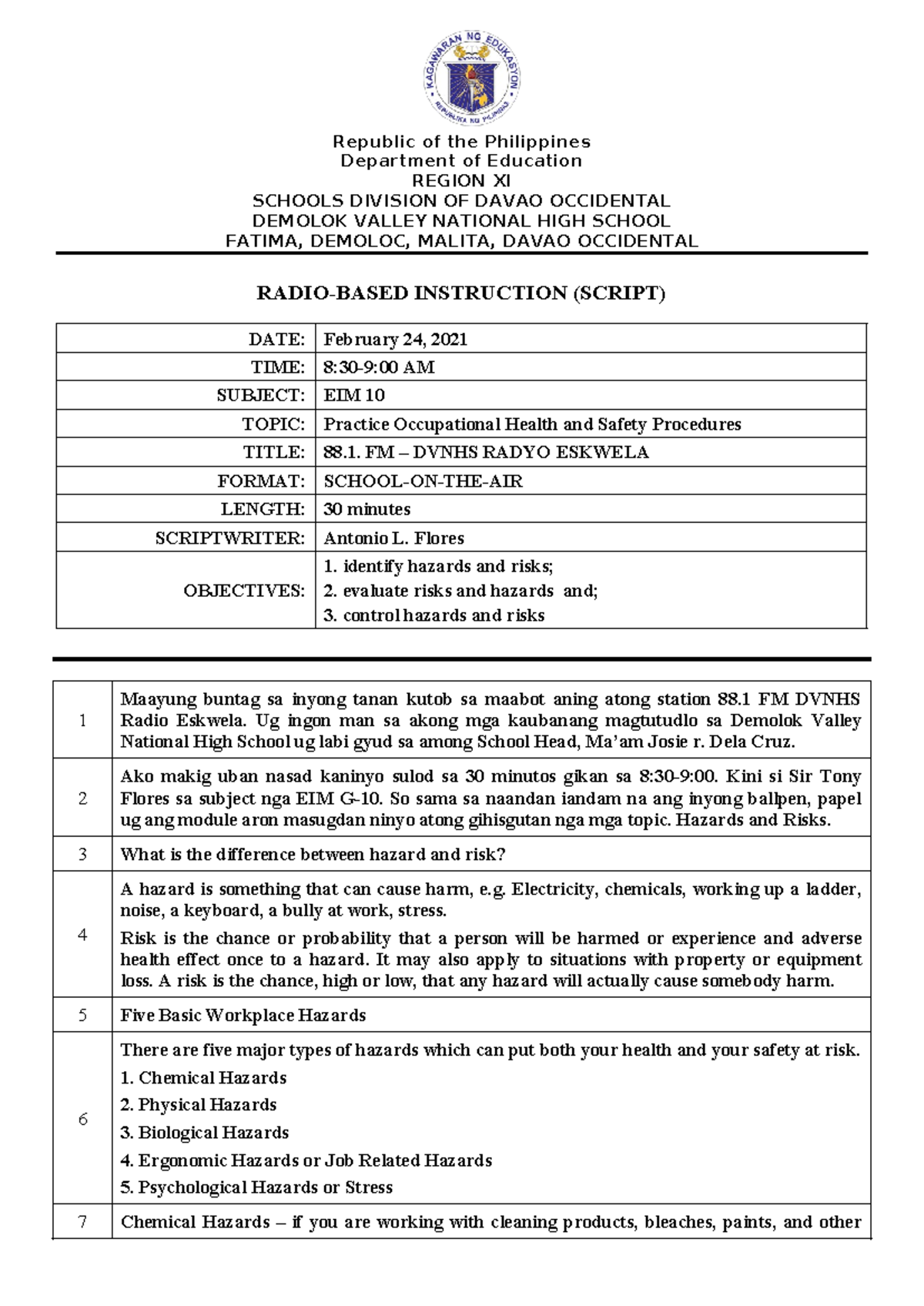 RBI- Script- Template- Tatay 2 - Republic of the Philippines Department ...