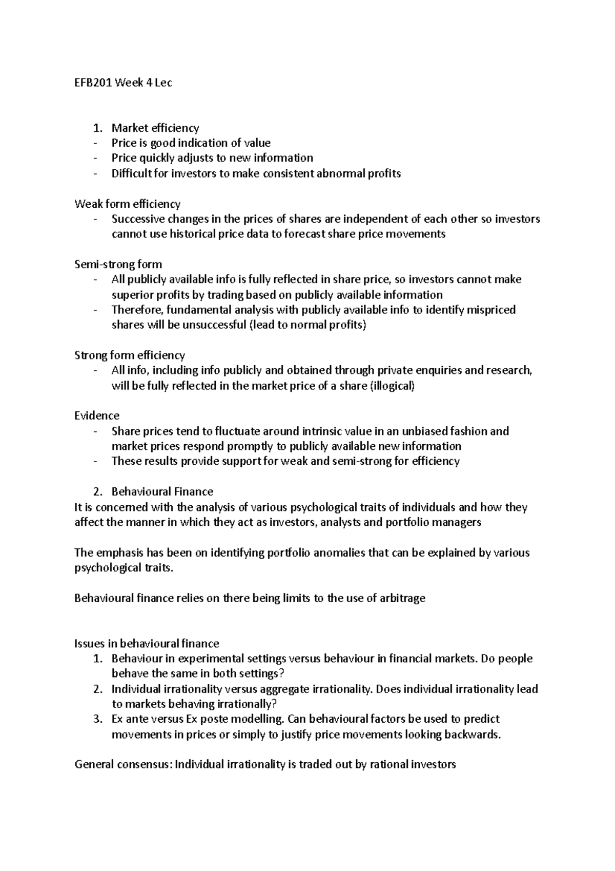 EFB201 Week 4 Lecture Notes - EFB201 Week 4 Lec Market efficiency Price ...