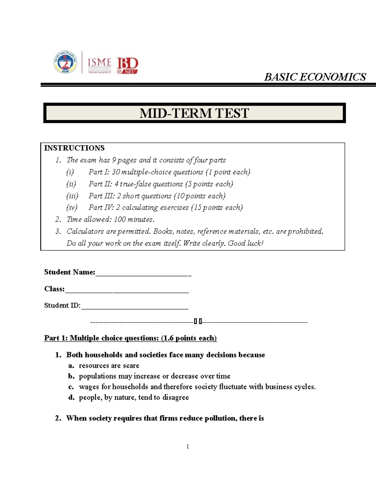 MID-TERM BE - mid-term test - BASIC ECONOMICS MID-TERM TEST ...