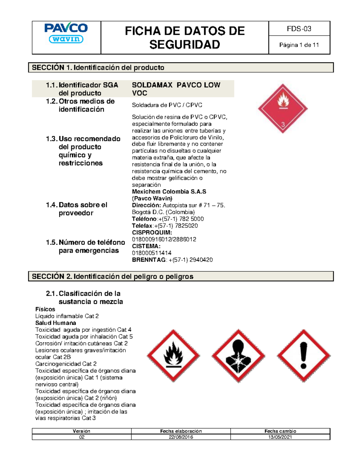 FDS 03 - Soldamax Pavco LOW VOC - FICHA DE DATOS DE SEGURIDAD Página 1 ...
