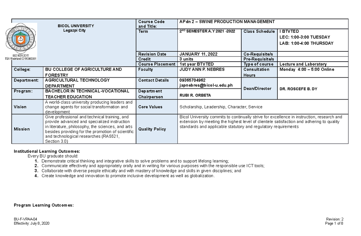 APdn 2 Syllabus - 2022 reference - BICOL UNIVERSITY Legazpi City Course ...