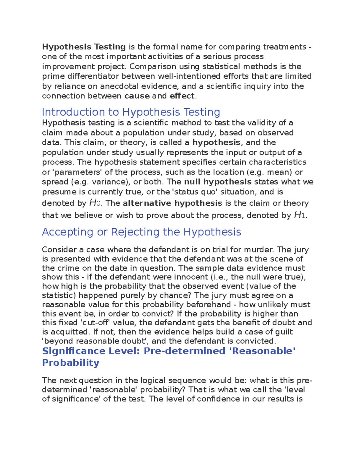 Six Sigma Chapter 9 - Hypothesis Testing is the formal name for ...