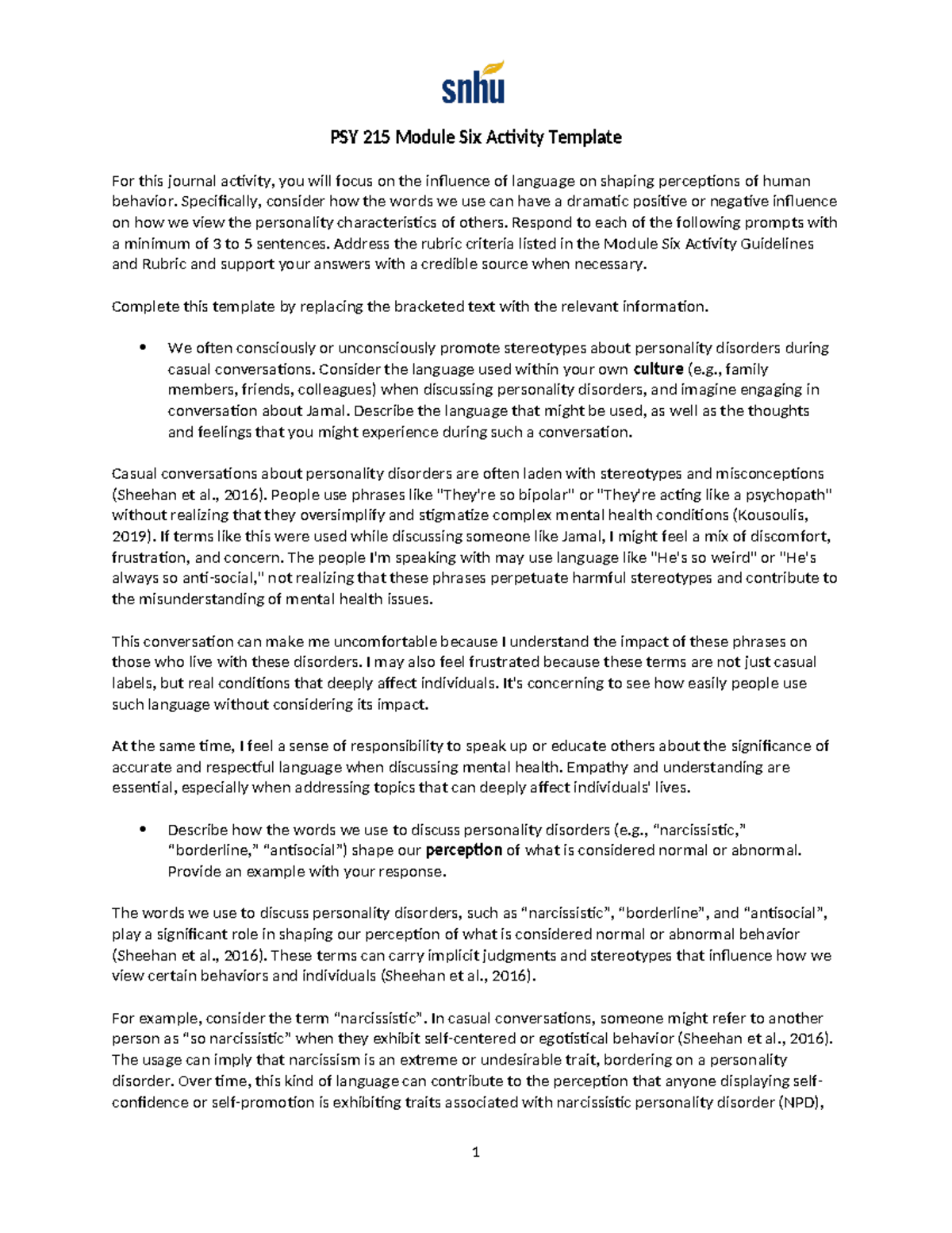 Journal 6 - PSY 215 Module Six Activity Template For this journal ...
