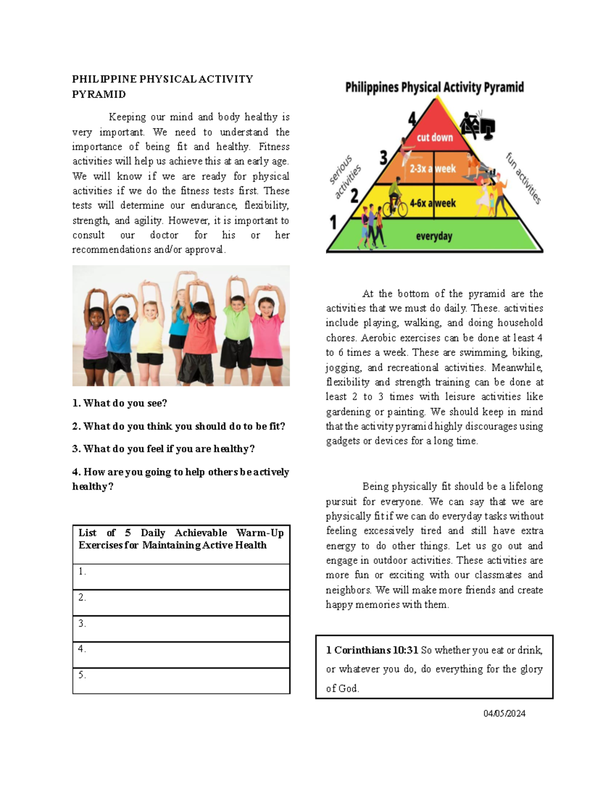 philippine physical activity pyramid grade 6